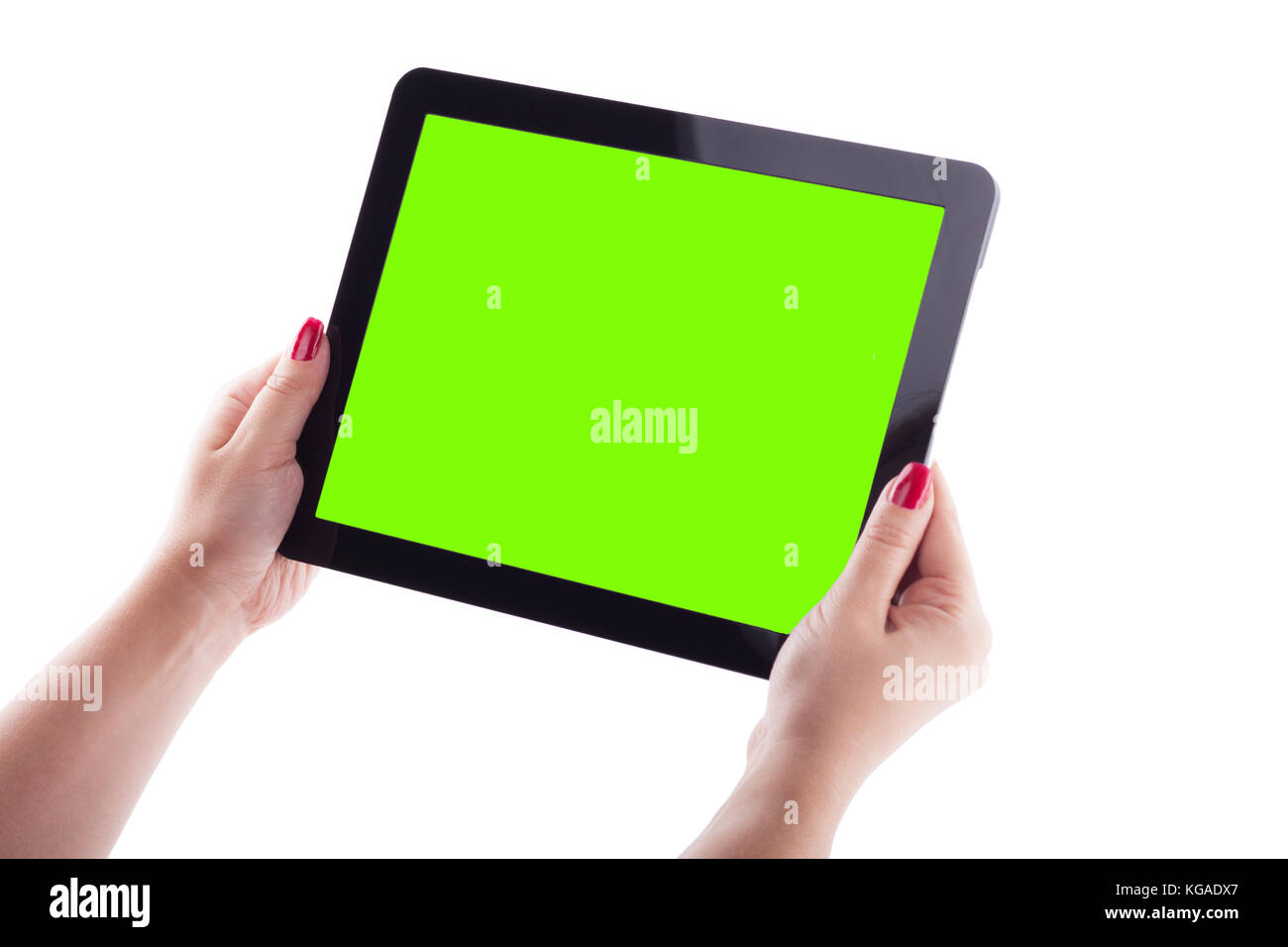 female hands on a white background holding tablet picture with d Stock ...