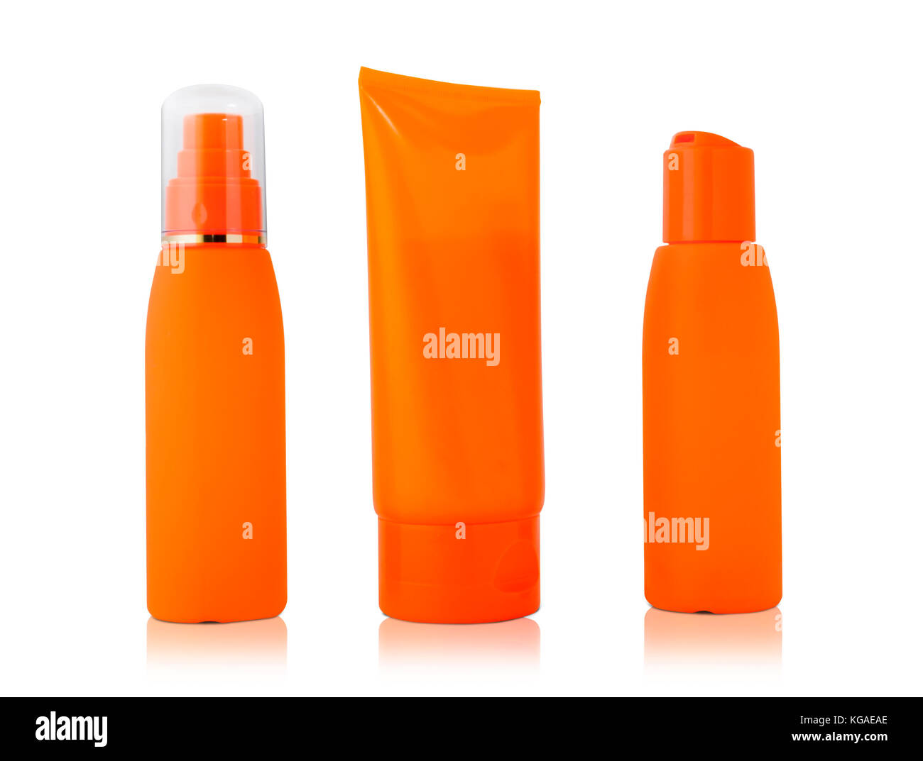 Three orange container suntan isolated on white background. With ...