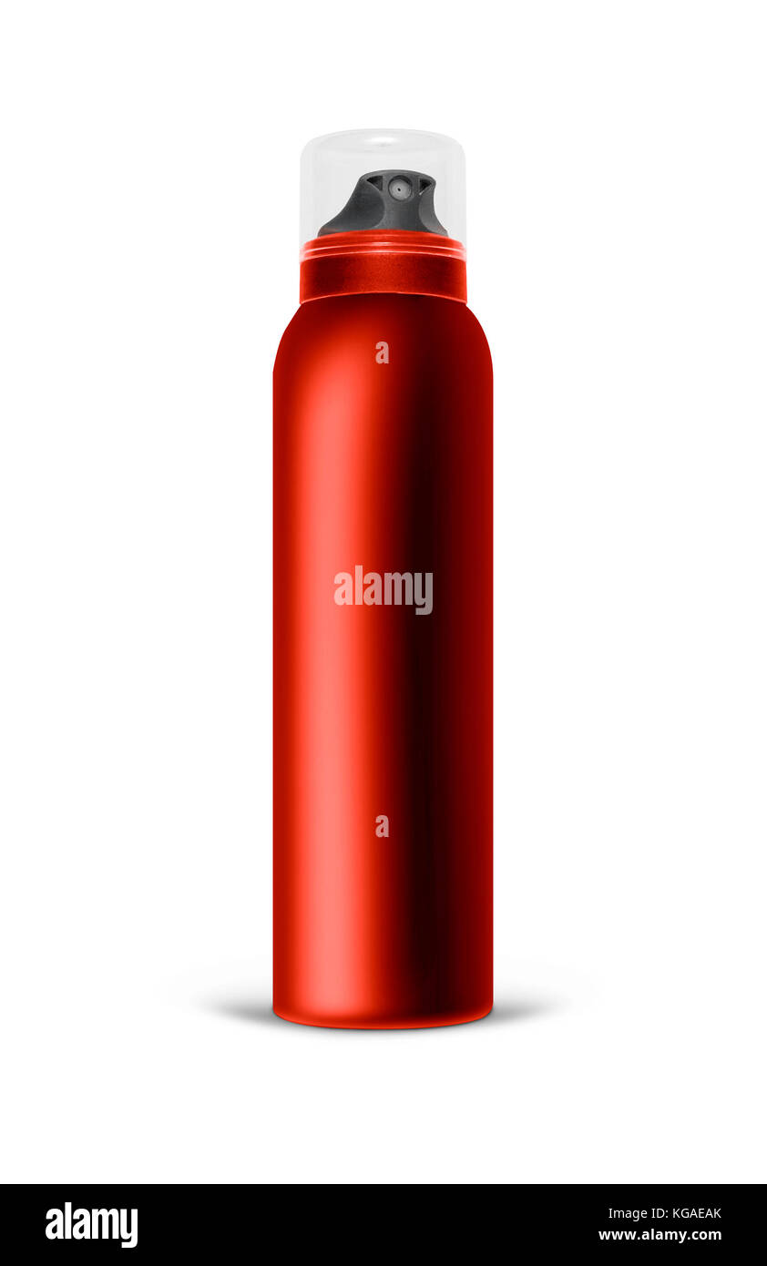 Red blank aluminum spray can isolated on white background. The black ...