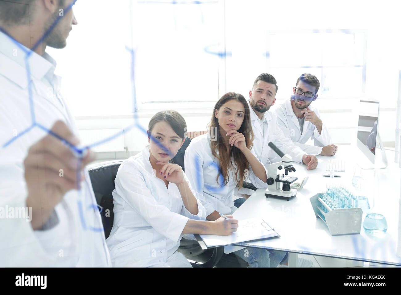 view through the transparent Board. a scientist makes a report Stock ...