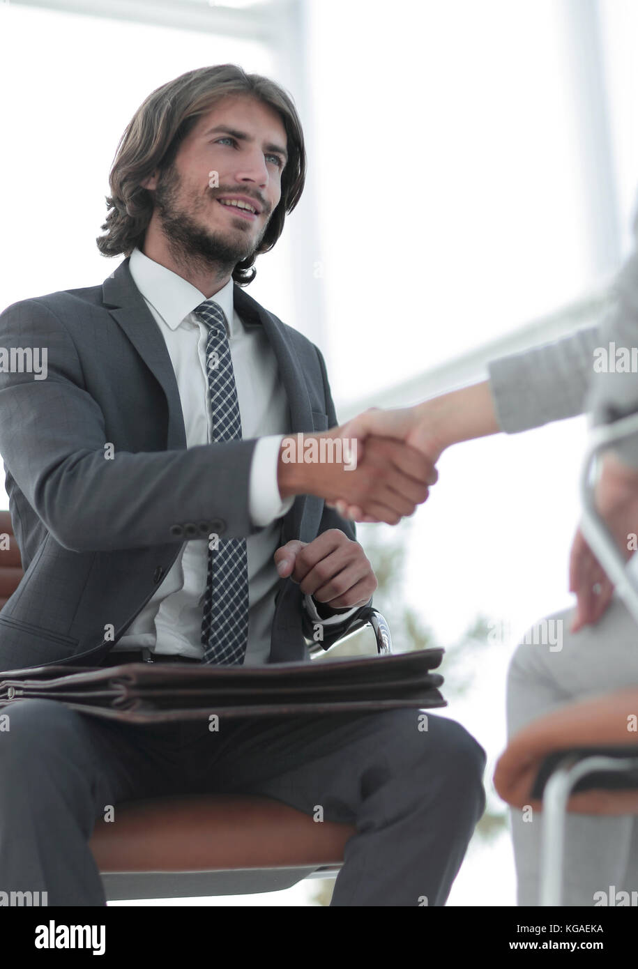 Successful job interview with boss and employee handshaking Stock Photo ...