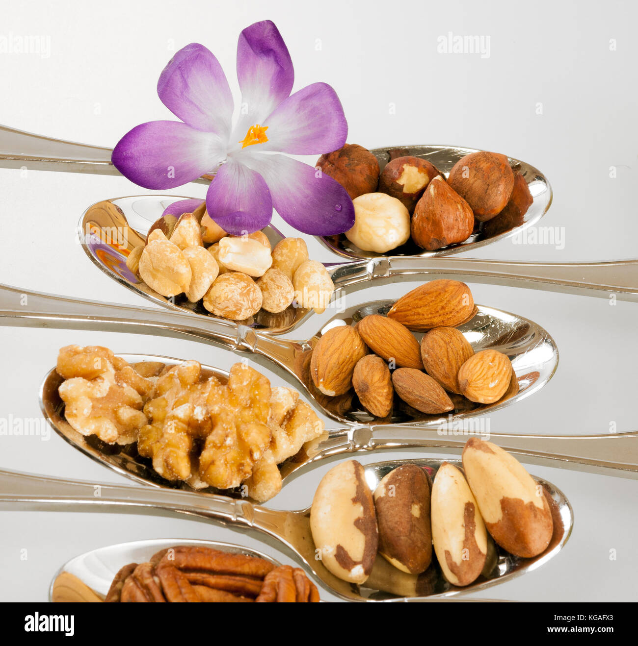 Super food of nuts in spoons different kinds Stock Photo - Alamy