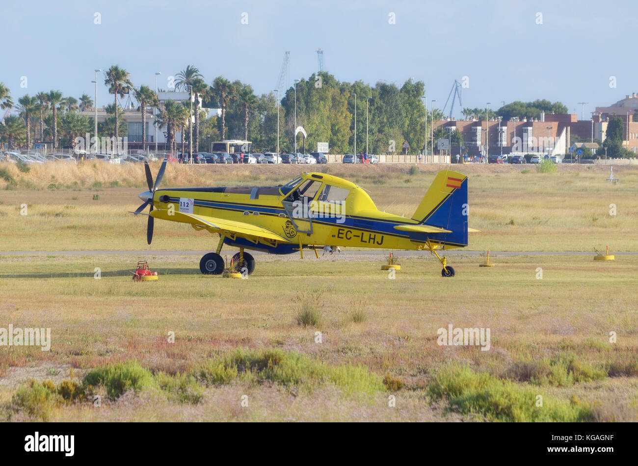 Yellow small plane Air Tractor AT-802F of Avialsa T-35 company, parking ...