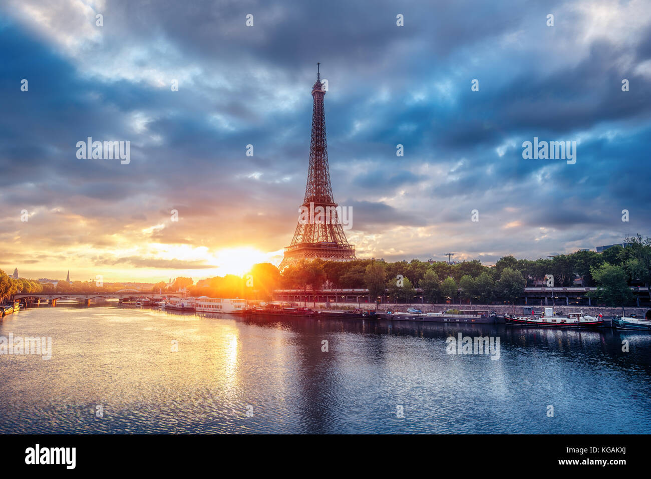 The Eiffel Tower at sunrise. Paris, France. Beautiful skyline of with ...