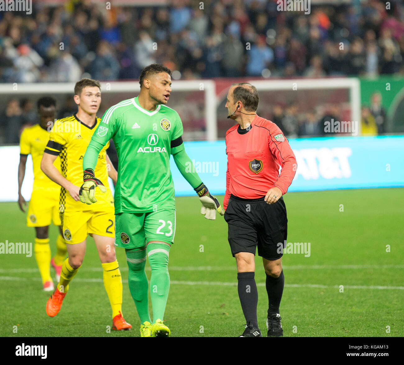 Goalkeeper Zack Steffen of Columbus Crew argues with referee Kevin ...