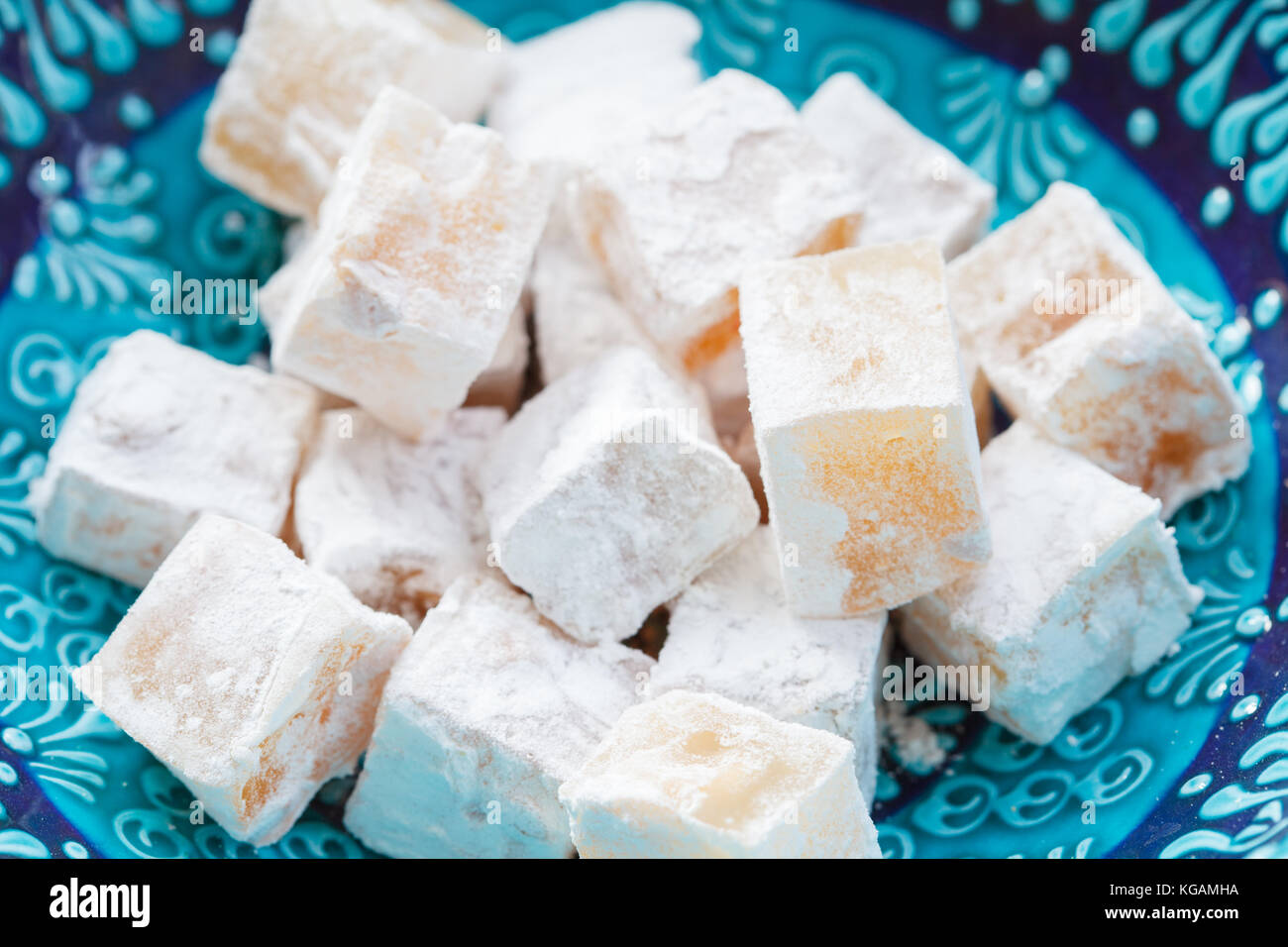 Traditional Turkish Rahat Delight in a blue bowl Stock Photo - Alamy