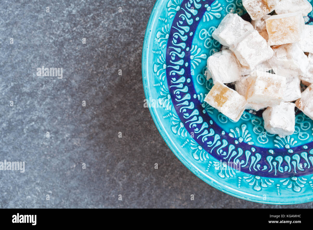 Traditional Turkish Rahat Delight in a blue bowl Stock Photo - Alamy
