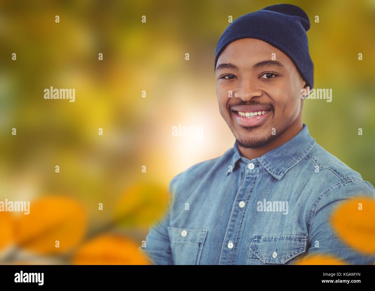 Digital composite of Man's face in forest with leaves Stock Photo - Alamy