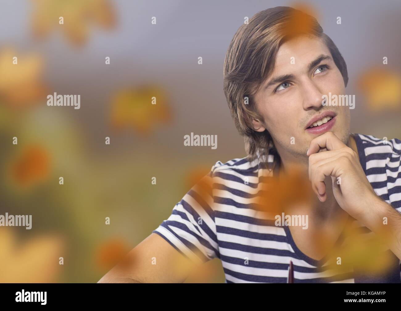 Digital composite of Man thinking with leaves Stock Photo - Alamy