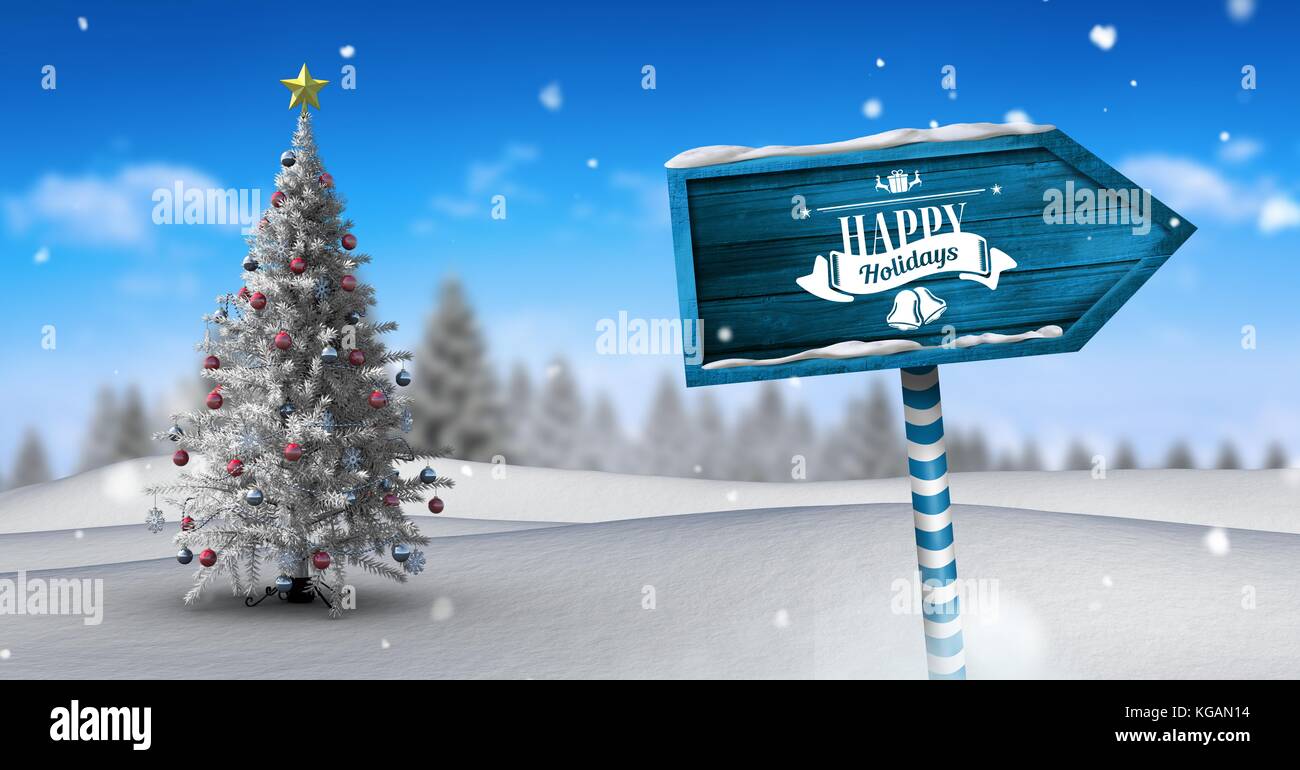 Digital composite of Happy holidays text on Wooden signpost in ...