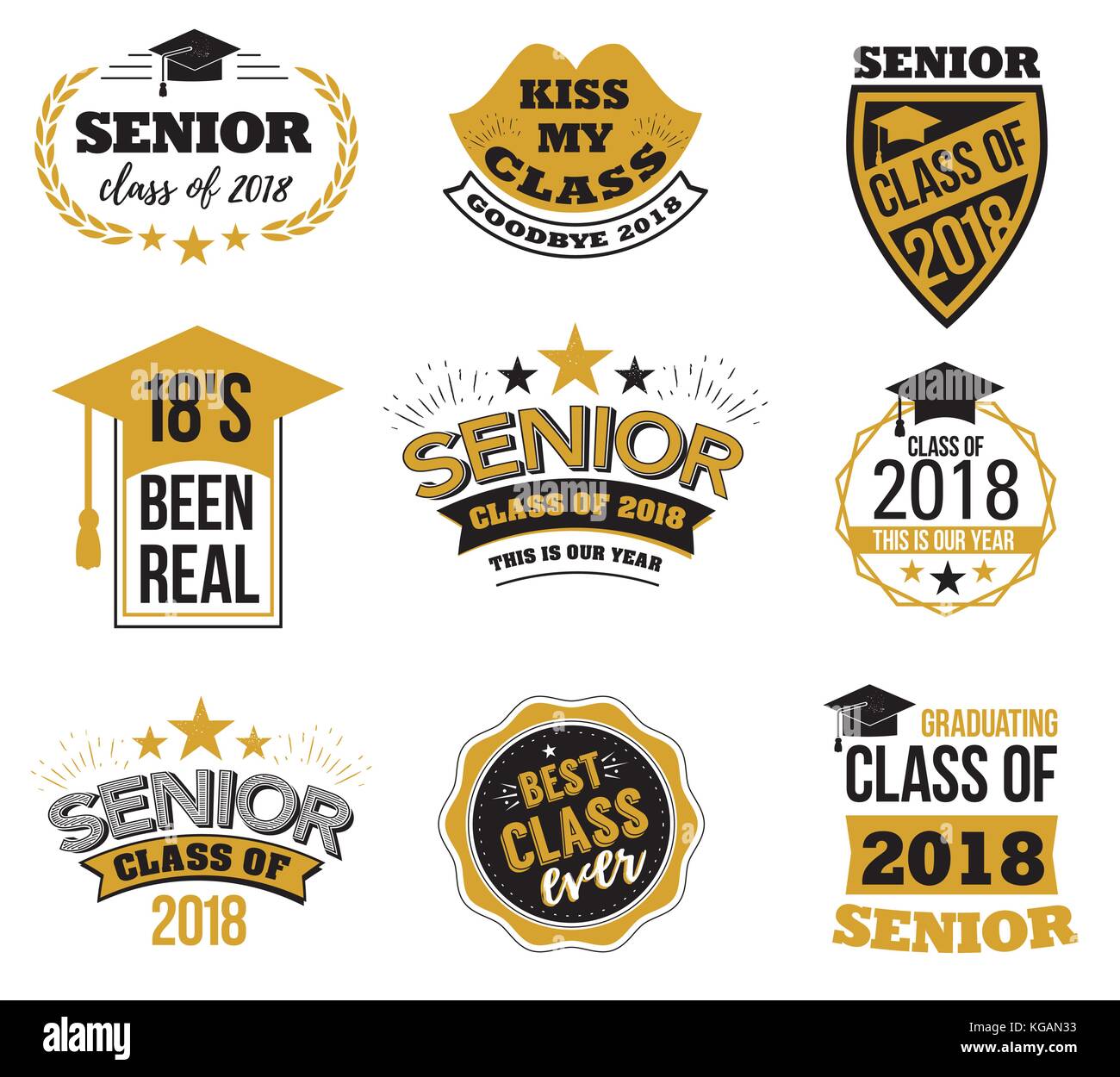 The set of black and gold colored senior text signs with the Graduation ...