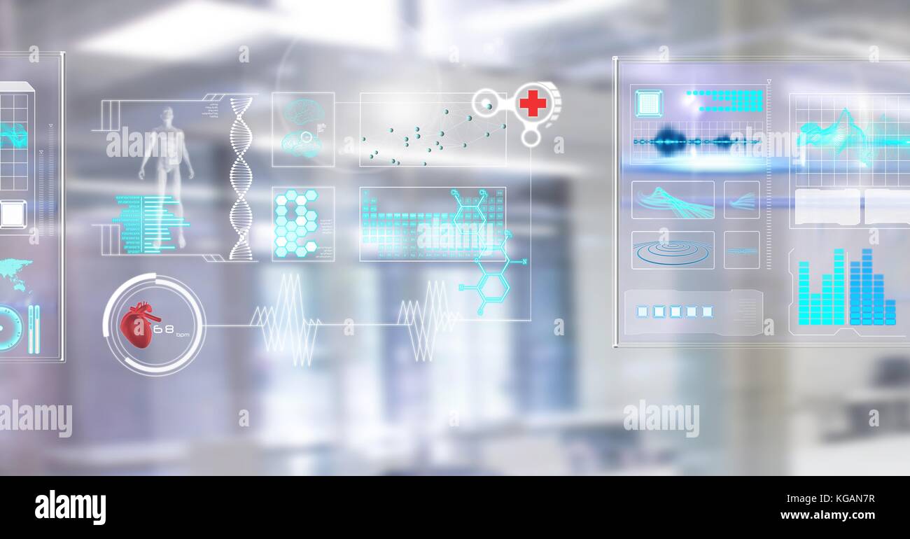 Digital composite of Medical health interface in front of office Stock ...