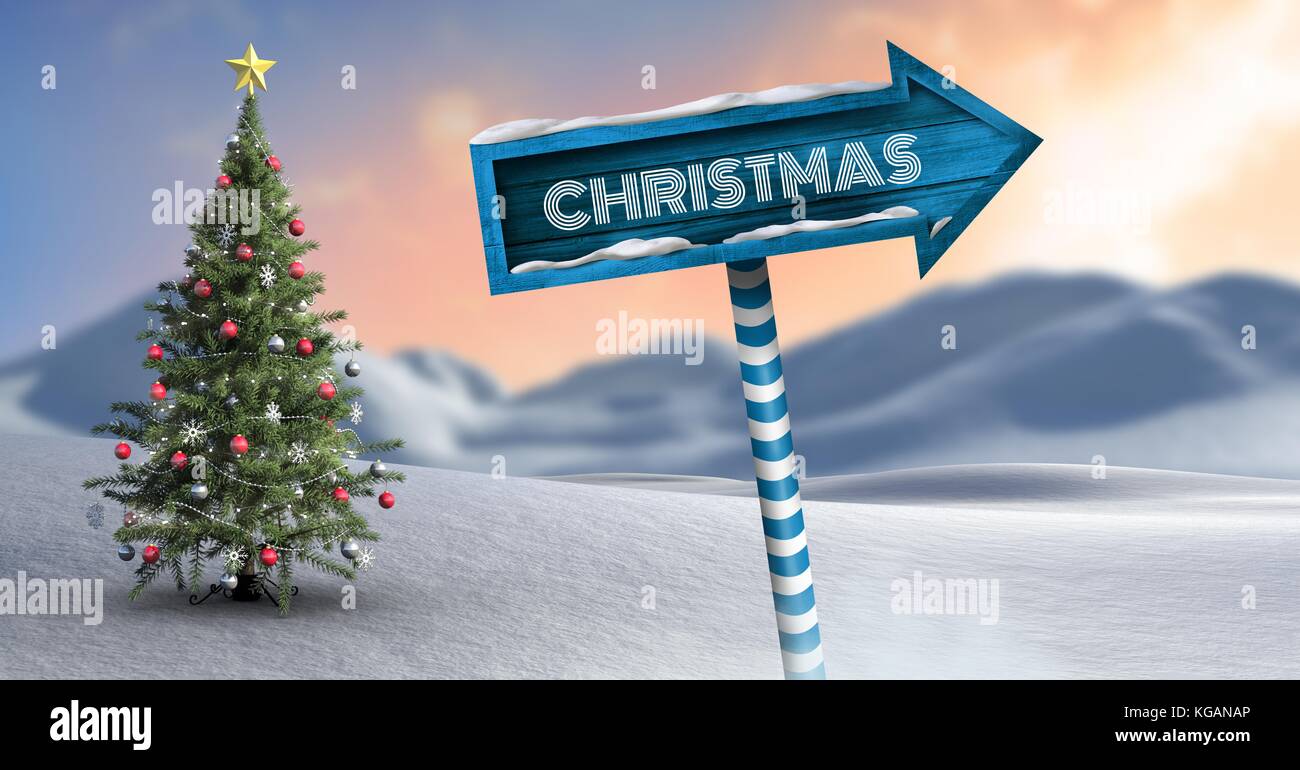 Digital composite of Christmas text on Wooden signpost in Christmas ...