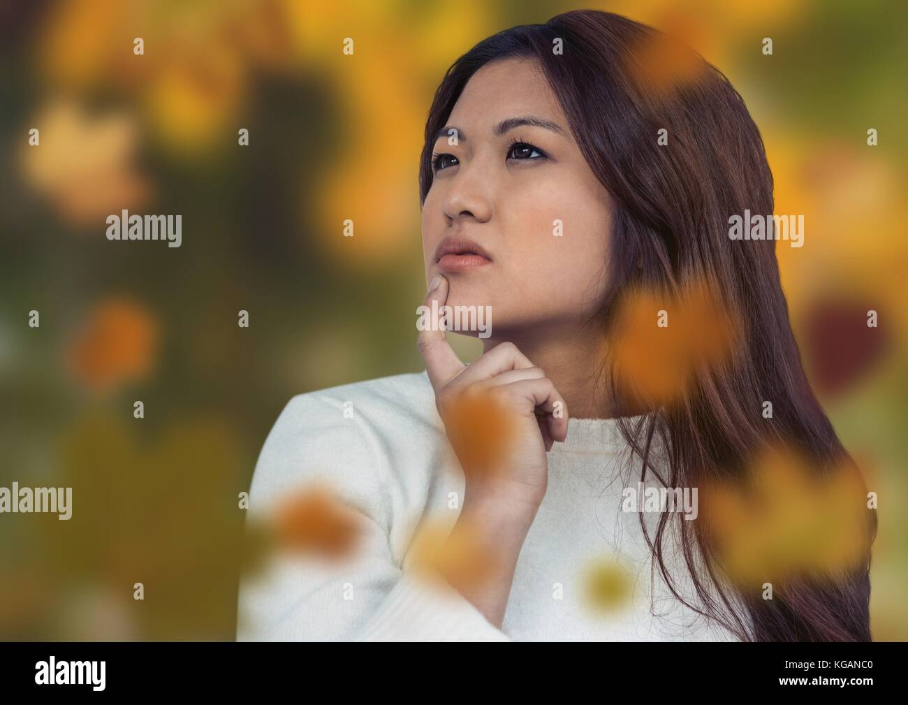 Digital composite of Woman's face in forest with leaves Stock Photo - Alamy