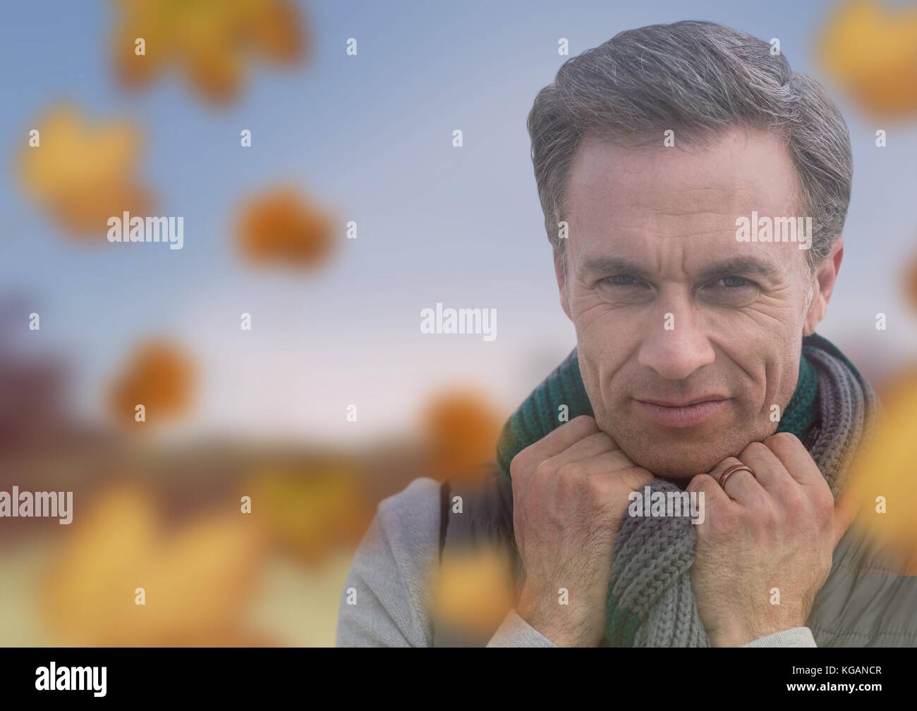 Digital composite of Man's face in landscape with leaves Stock Photo ...