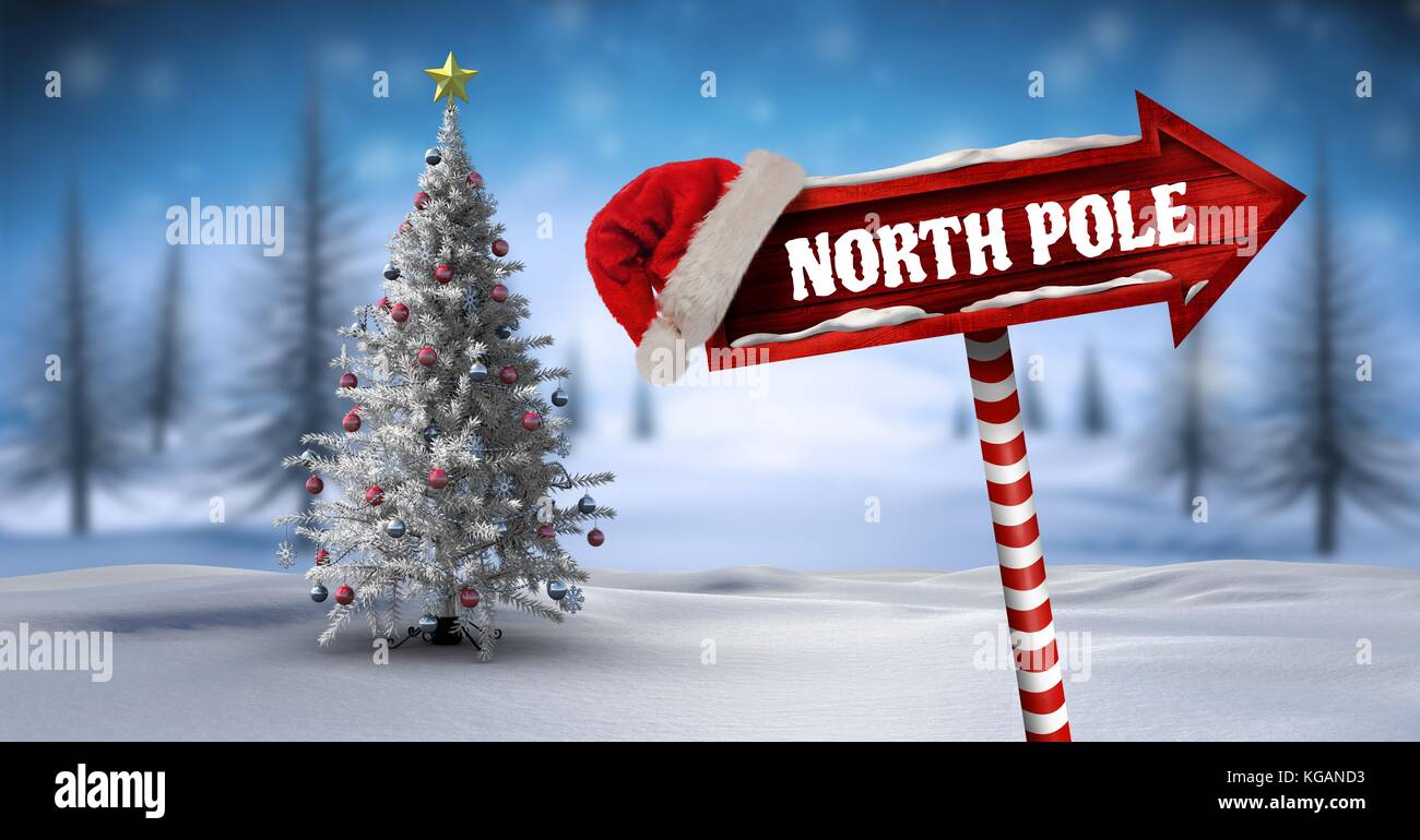 Digital composite of North Pole on Wooden signpost in Christmas Winter ...