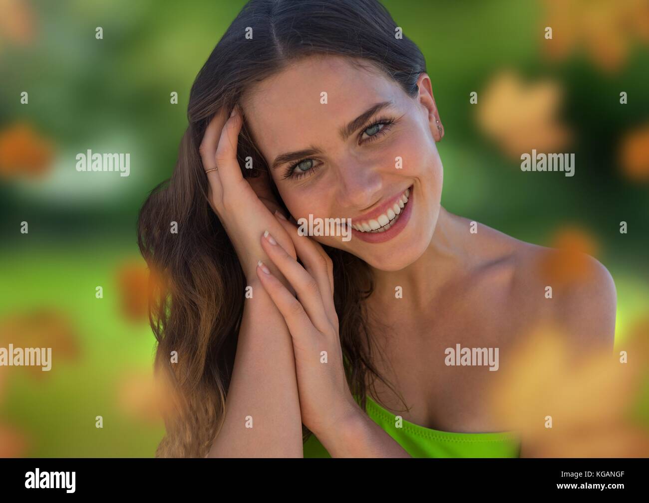Digital composite of Woman's face in green nature with leaves Stock ...