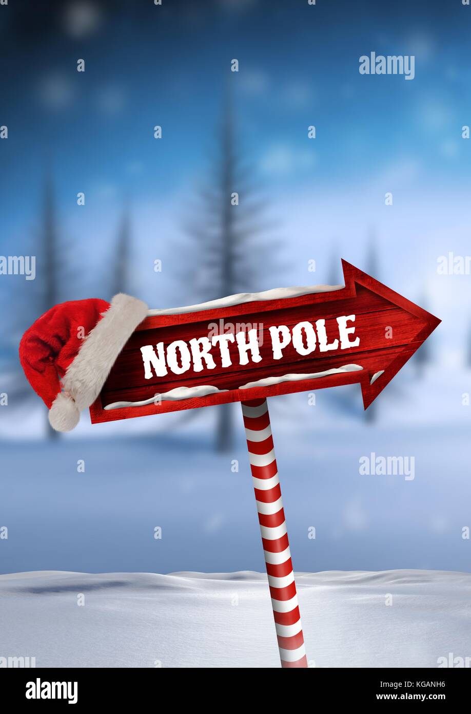 Digital composite of North Pole text and Wooden signpost in Christmas ...