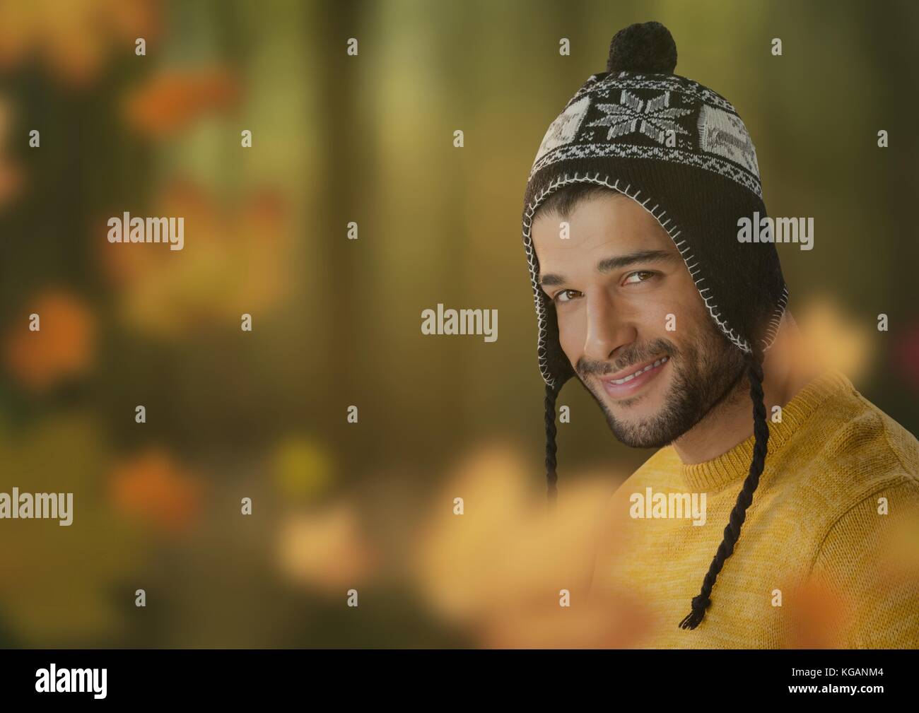Digital composite of Man's face in forest with leaves Stock Photo - Alamy