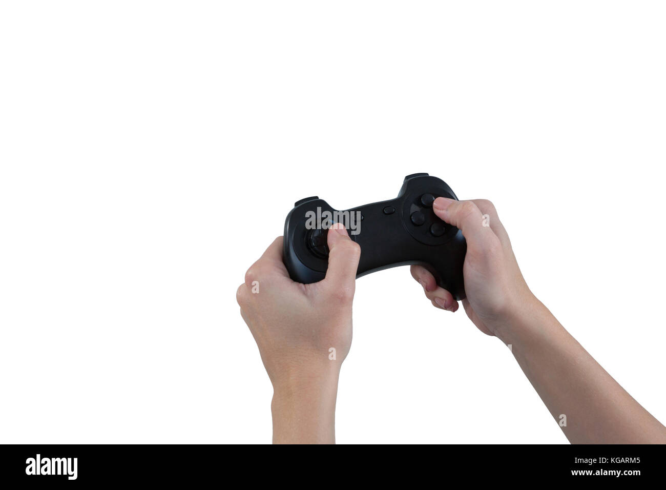 Womans hand playing video game against white background Stock Photo - Alamy