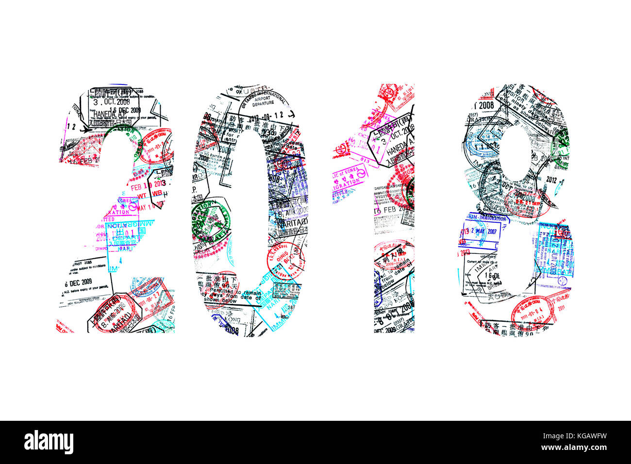 2018 written with passport stamps on white background Stock Photo - Alamy