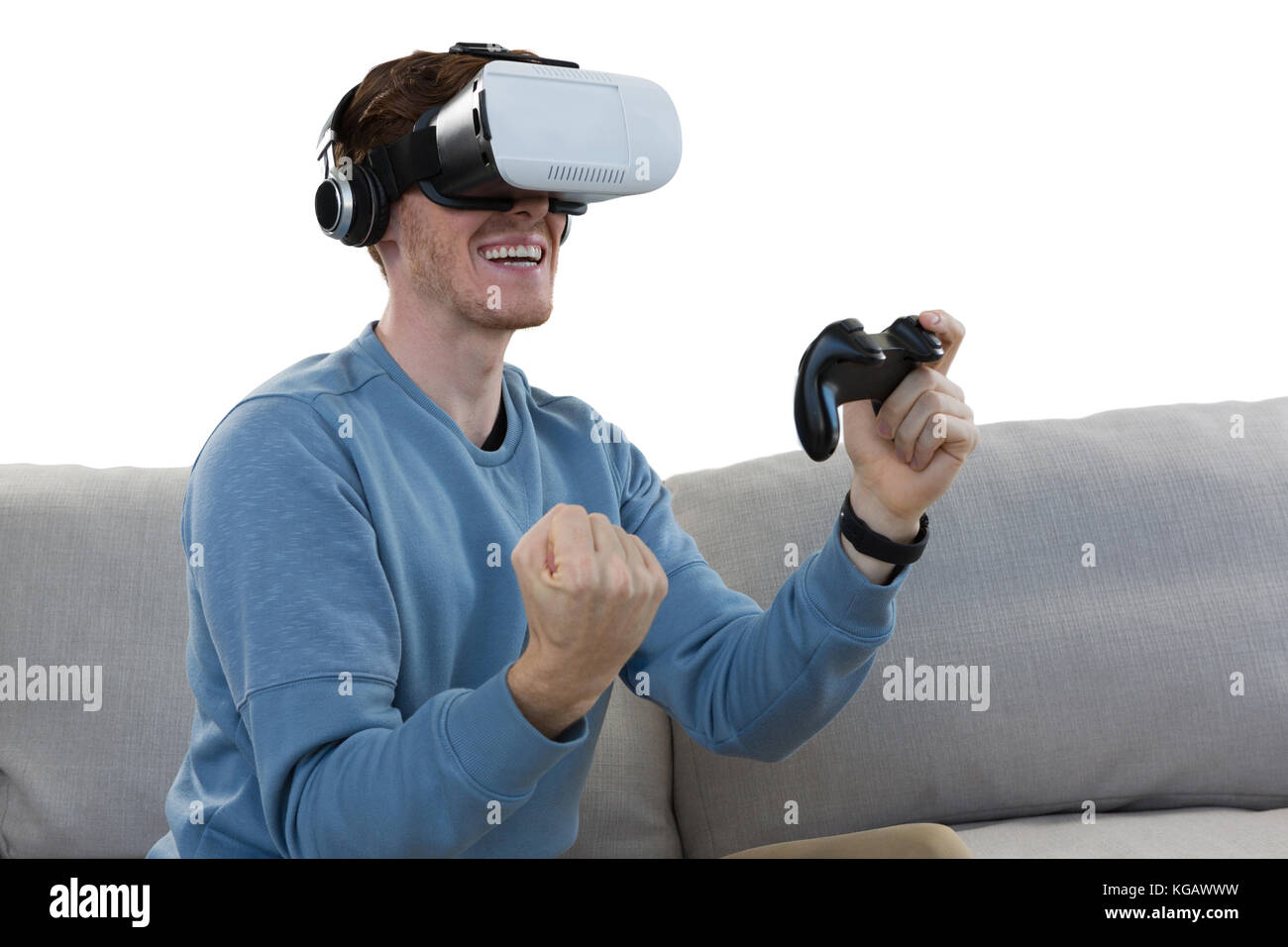 Young man playing video game with virtual reality headset Stock Photo ...