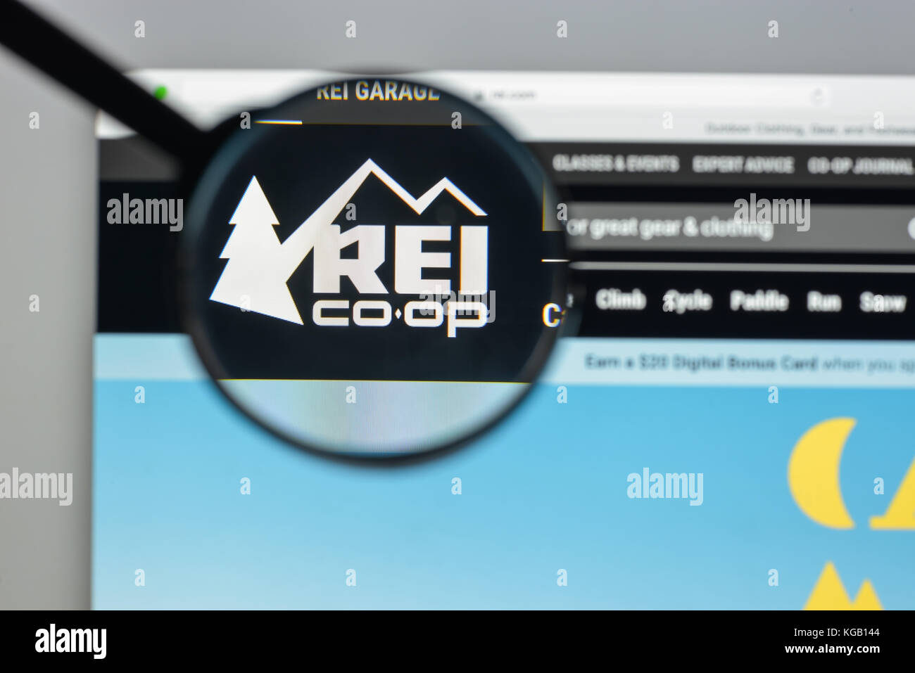 Milan, Italy - August 10, 2017: Rei website homepage. Rei logo visible ...