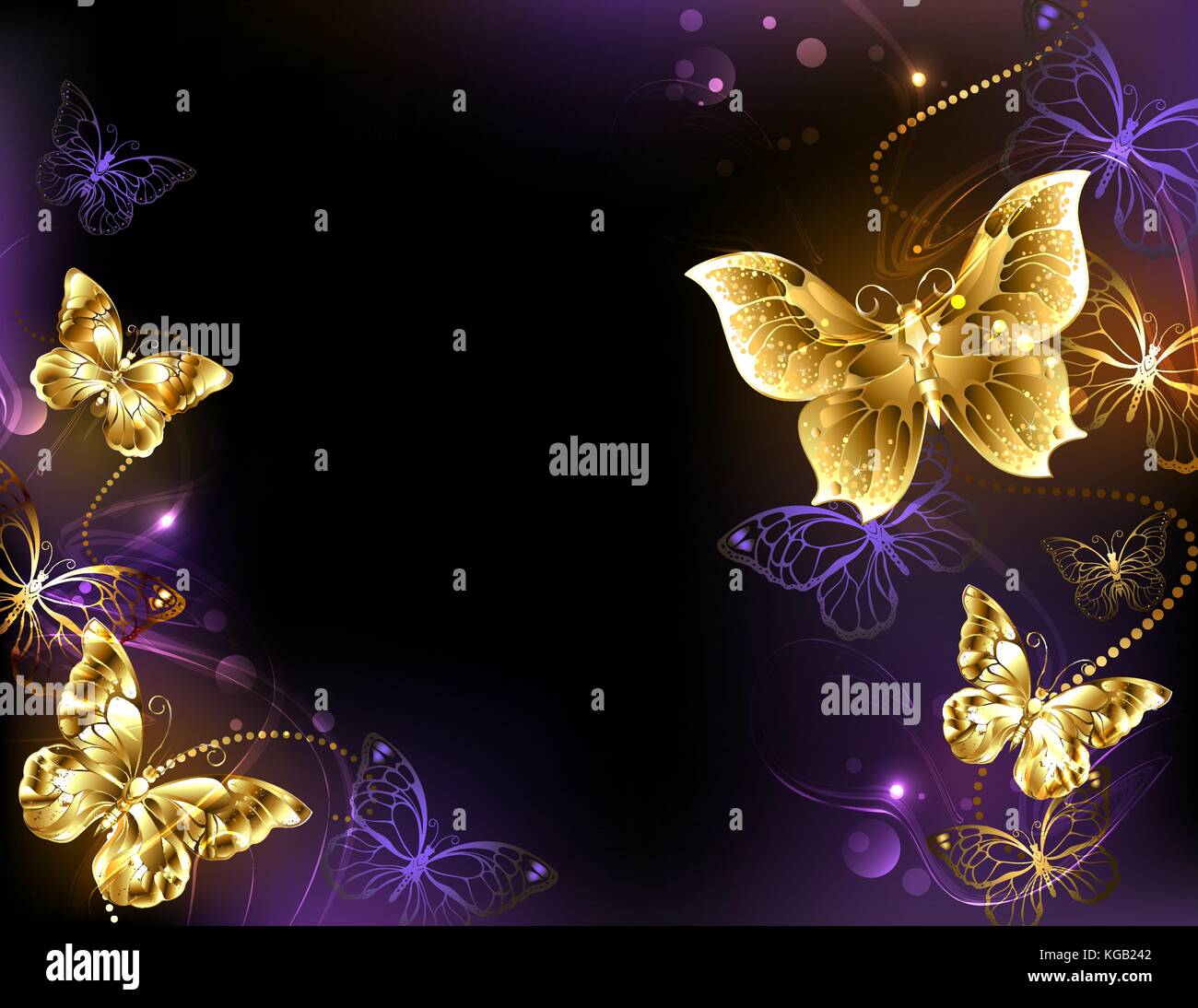 Dark glowing background with gold, jeweled butterflies. Design with ...