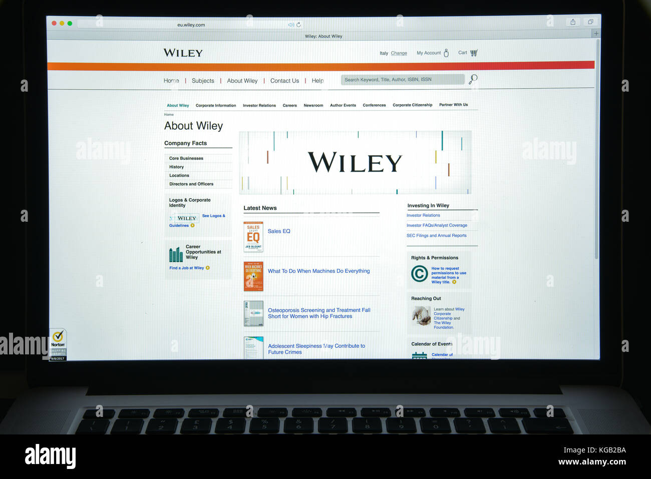 Milan, Italy - August 10, 2017: Wiley.com website homepage. It.is a ...