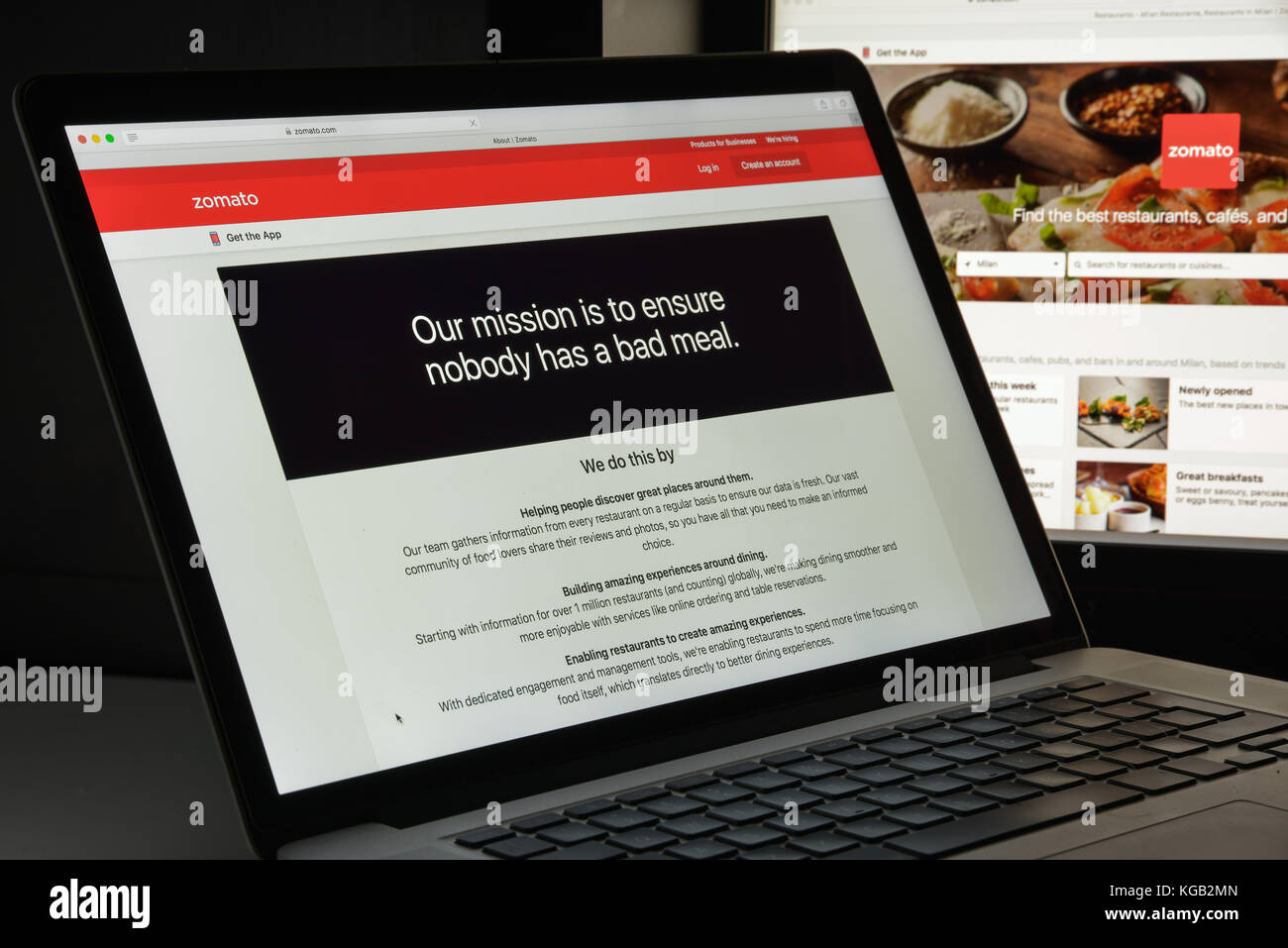 Milan, Italy - August 10, 2017: Zomato website homepage. It is a ...