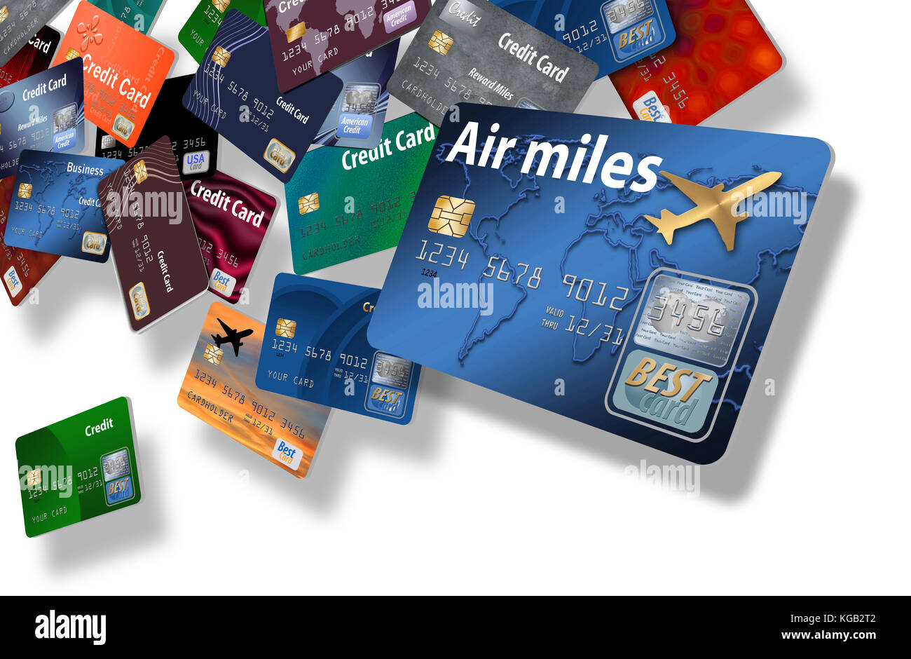 Dozens of credit cards floating and flying on a white background Stock ...
