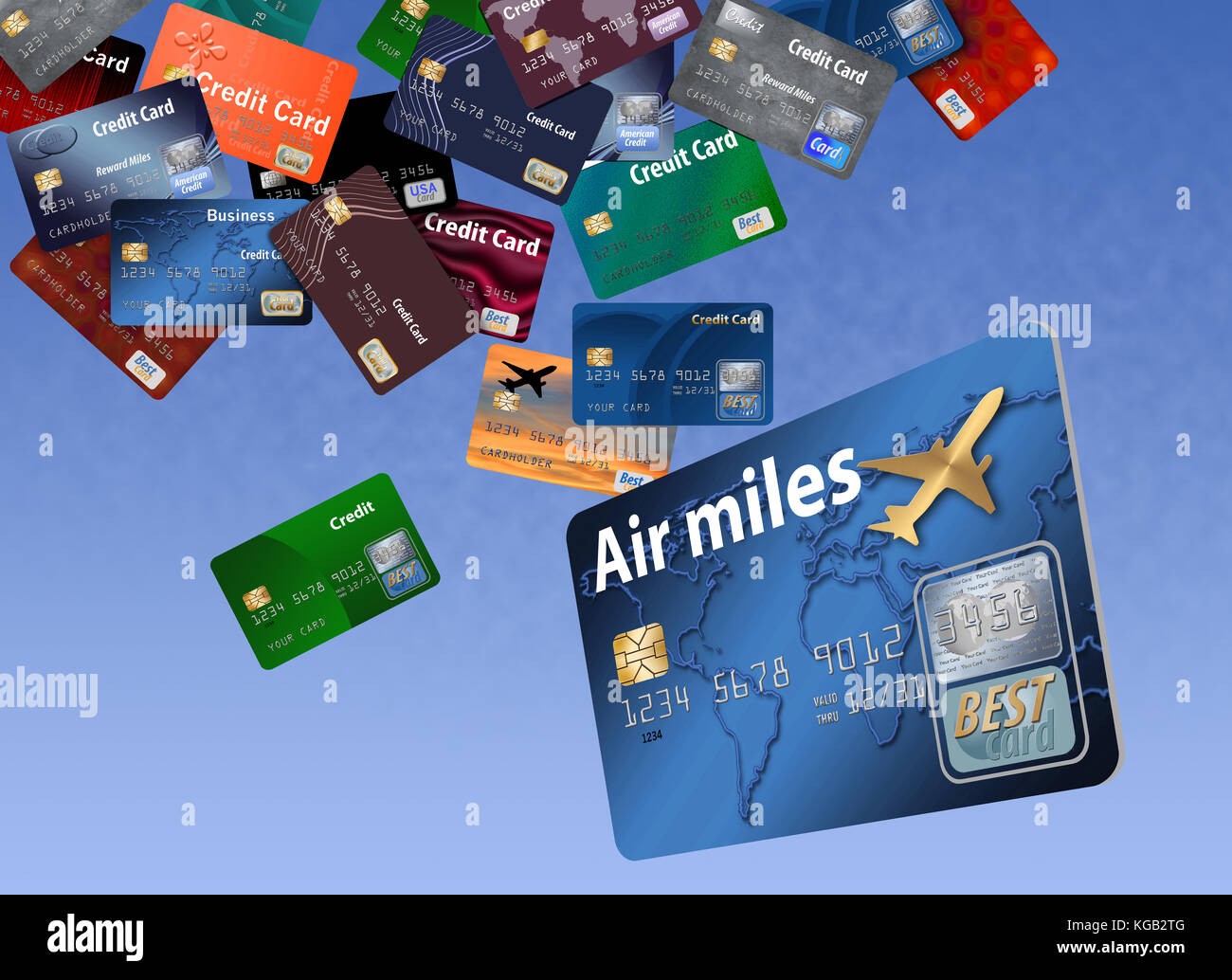 Dozens of credit cards floating and flying on a white background Stock ...