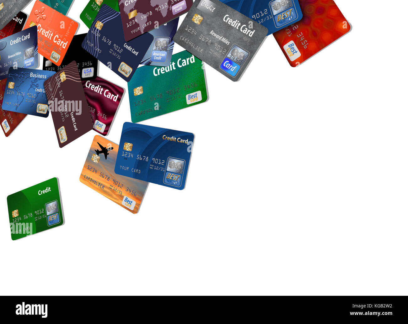 Dozens of credit cards floating and flying on a white background Stock ...