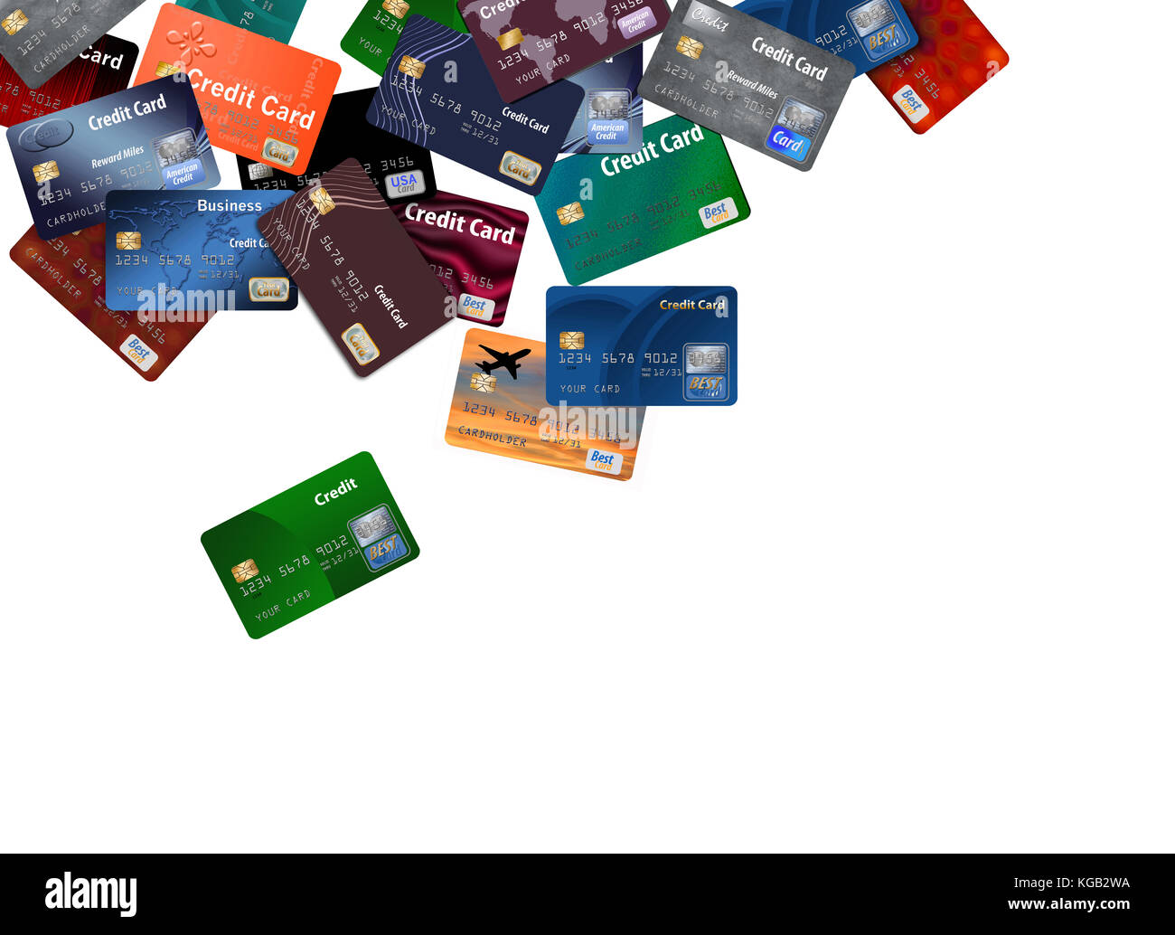 Dozens of credit cards floating and flying on a white background Stock ...
