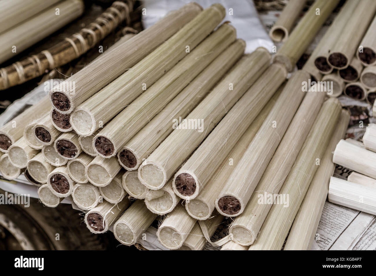Mandalay, Myanmar - sticky rice in bamboo at street market Stock Photo ...