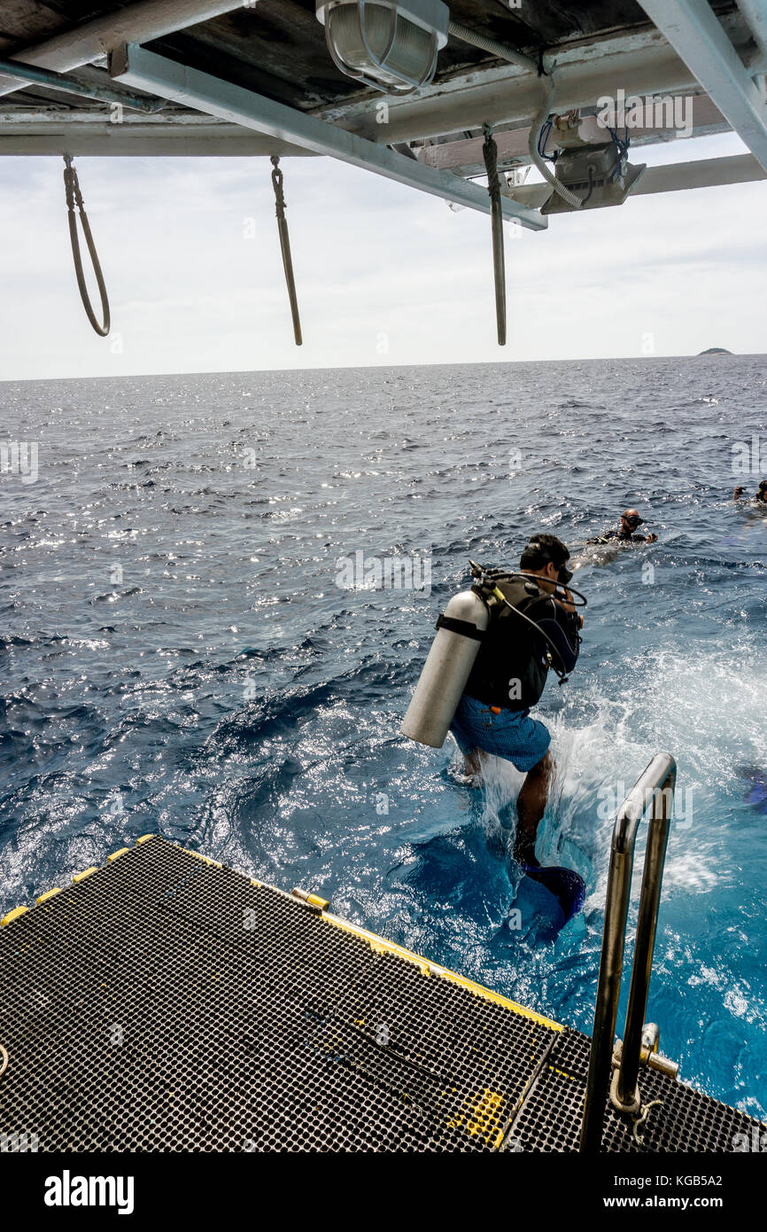 Similan Island, Thailand 3 day liveaboard SCUBA trip - jumping in Stock ...