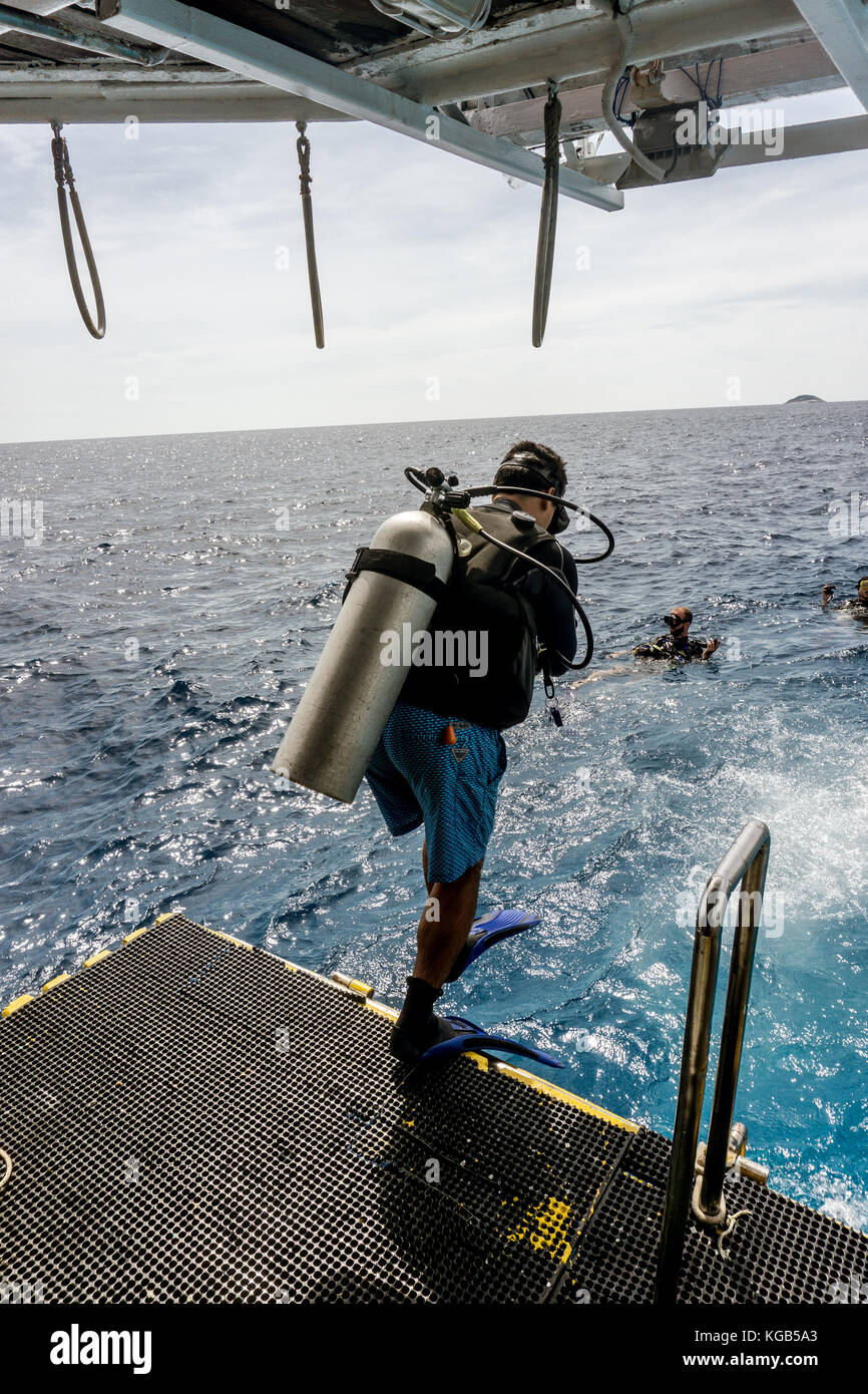 Similan Island, Thailand 3 day liveaboard SCUBA trip - jumping in Stock ...