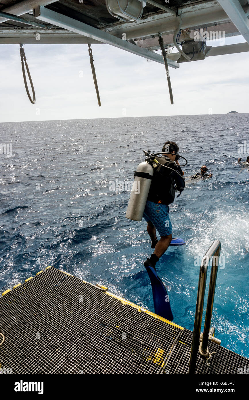Similan Island, Thailand 3 day liveaboard SCUBA trip - jumping in Stock ...