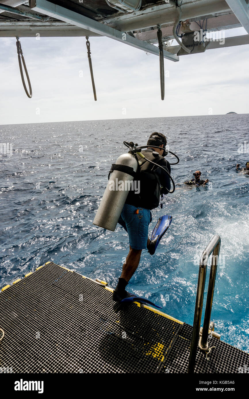 Similan Island, Thailand 3 day liveaboard SCUBA trip - jumping in Stock ...