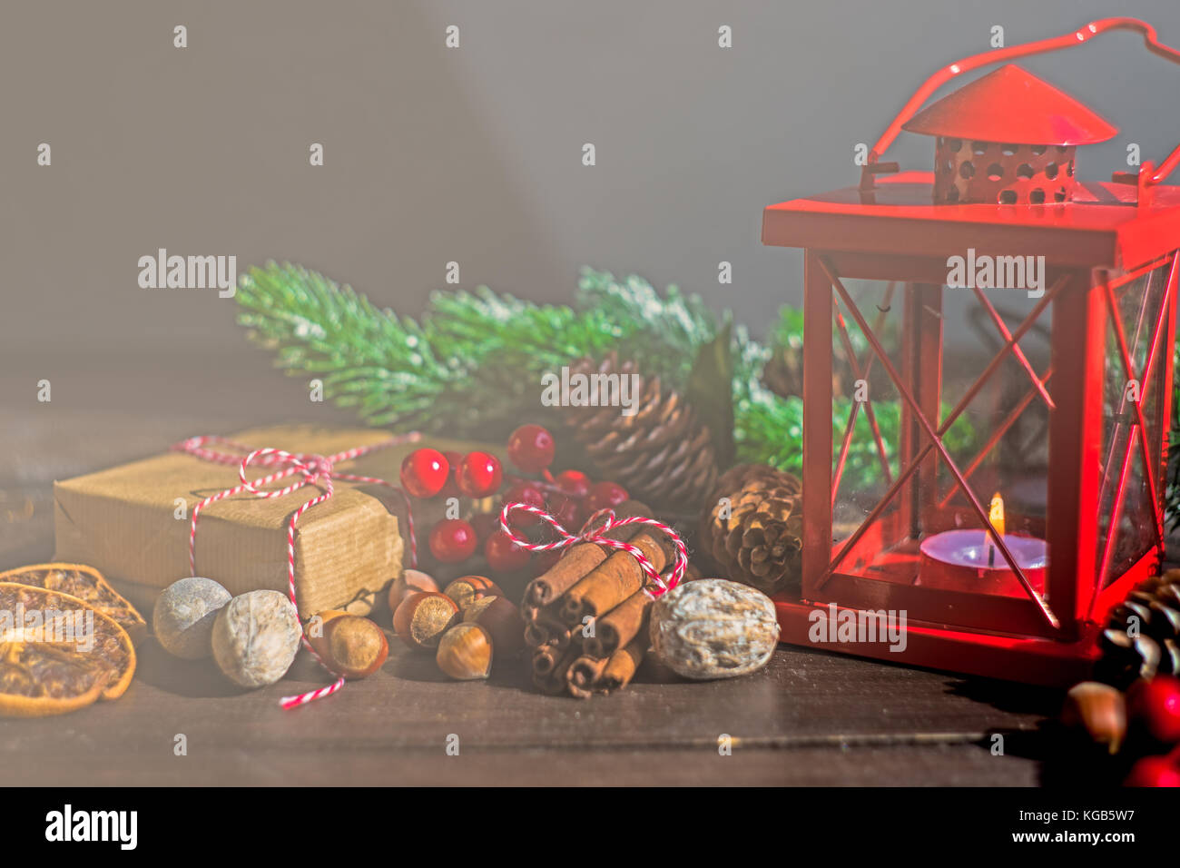Christmas frame with fir tree and decoration on wooden background with ...
