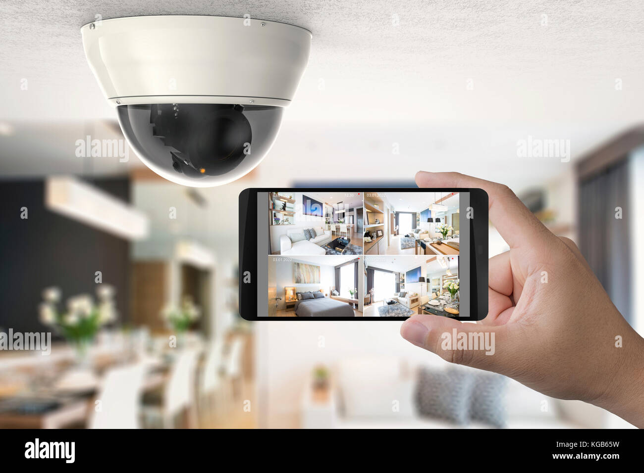 hand holding 3d rendering mobile connect with security camera Stock ...