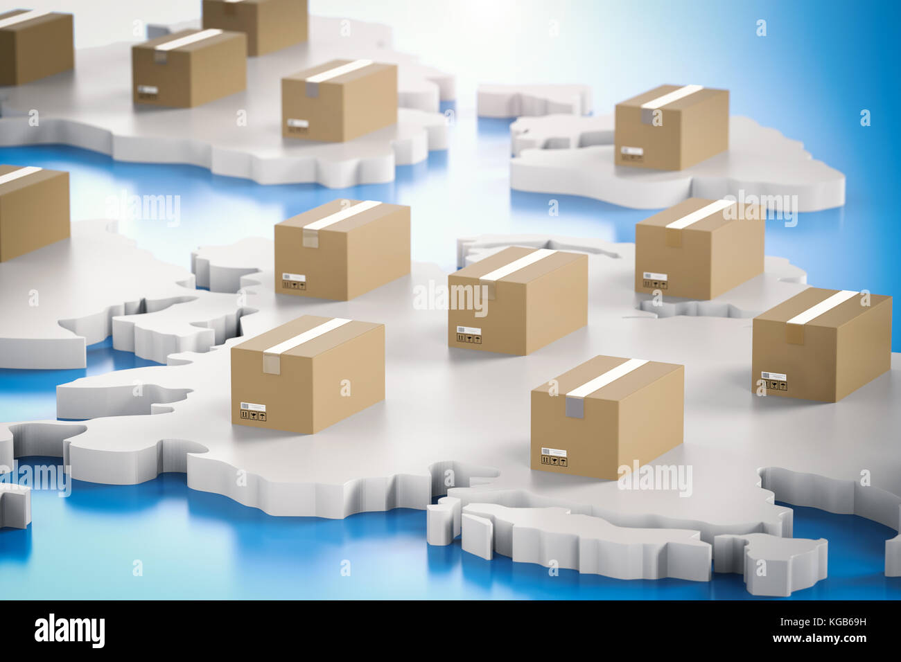 3d rendering carton boxes on world map Stock Photo - Alamy