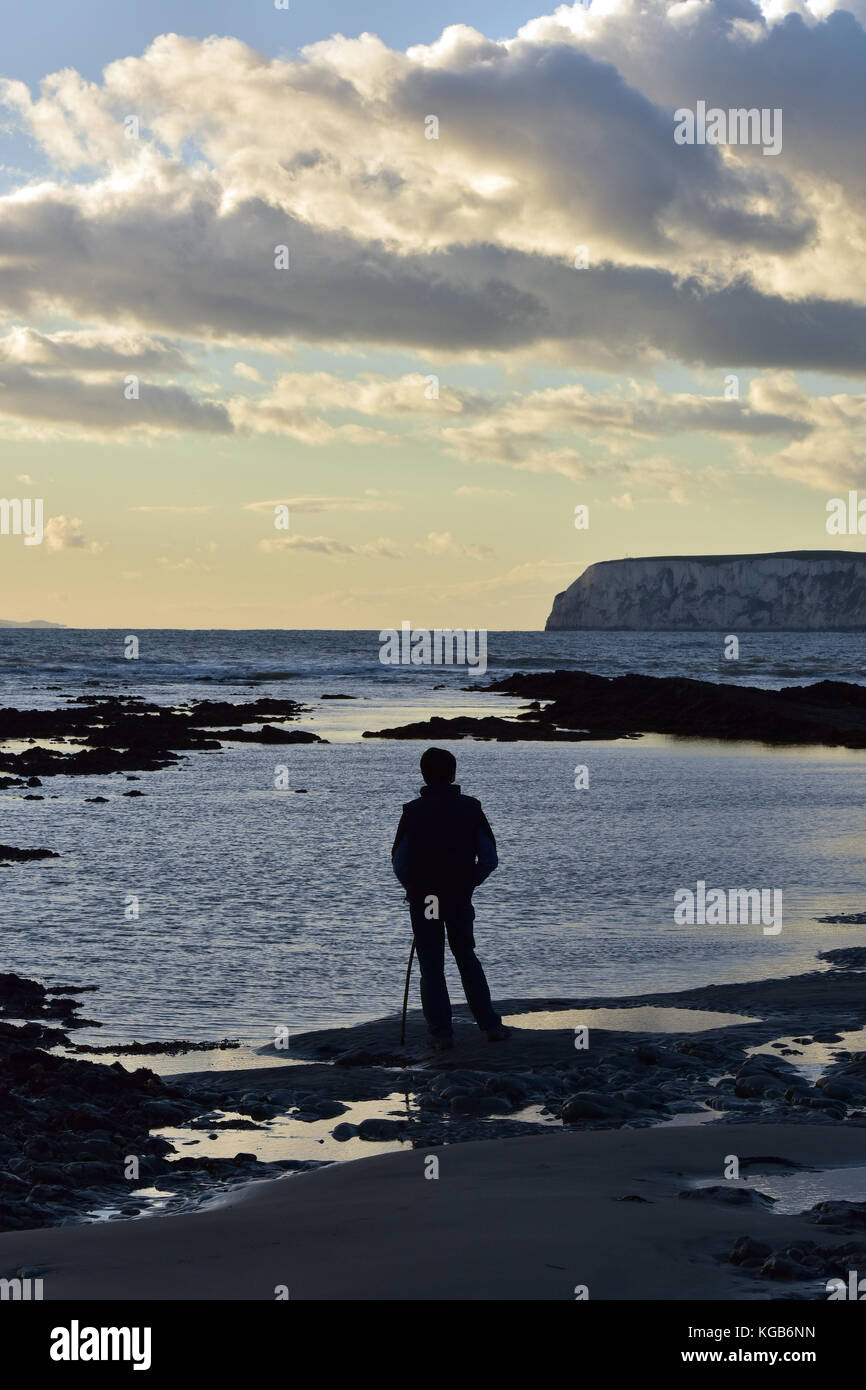 a man standing alone on the seashore or beach looking out to sea in ...