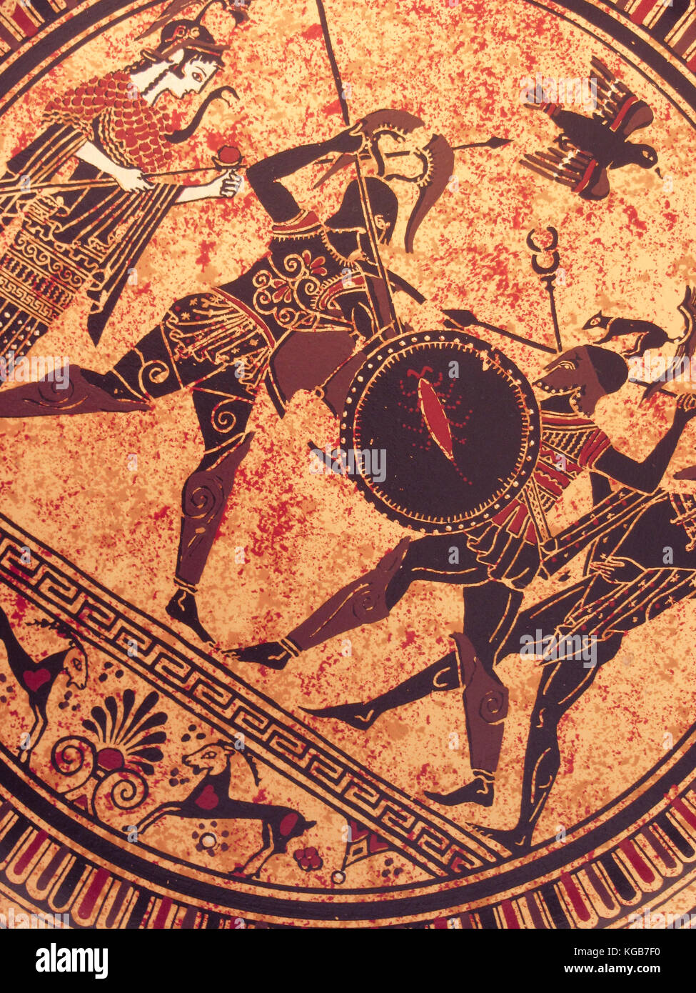 Detail from an old historical greek paint over a dish. Mythical heroes ...