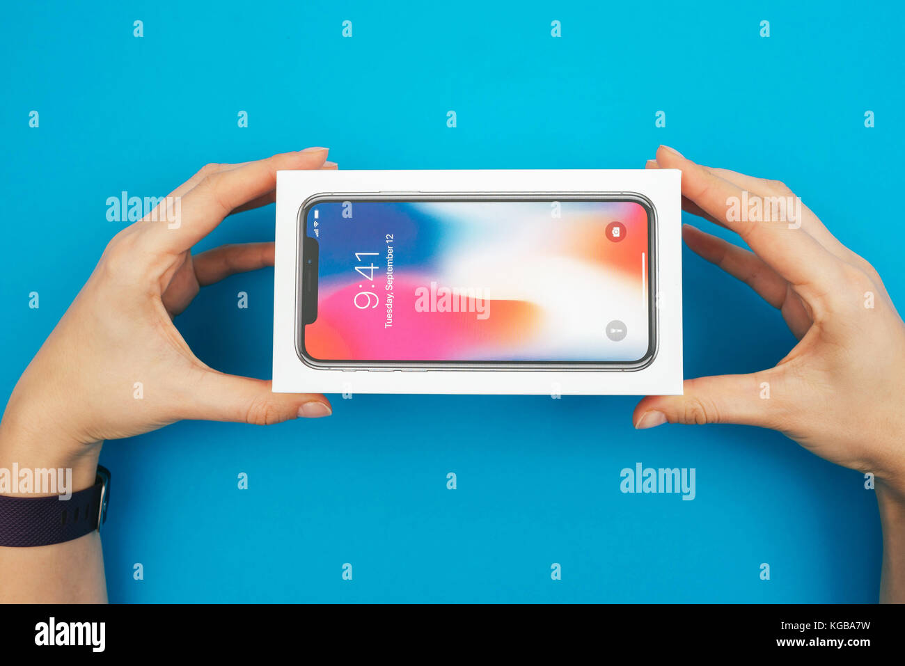 KAUNAS, LITHUANIA - NOVEMBER 05, 2017: Unboxing a new Apple Iphone X ...