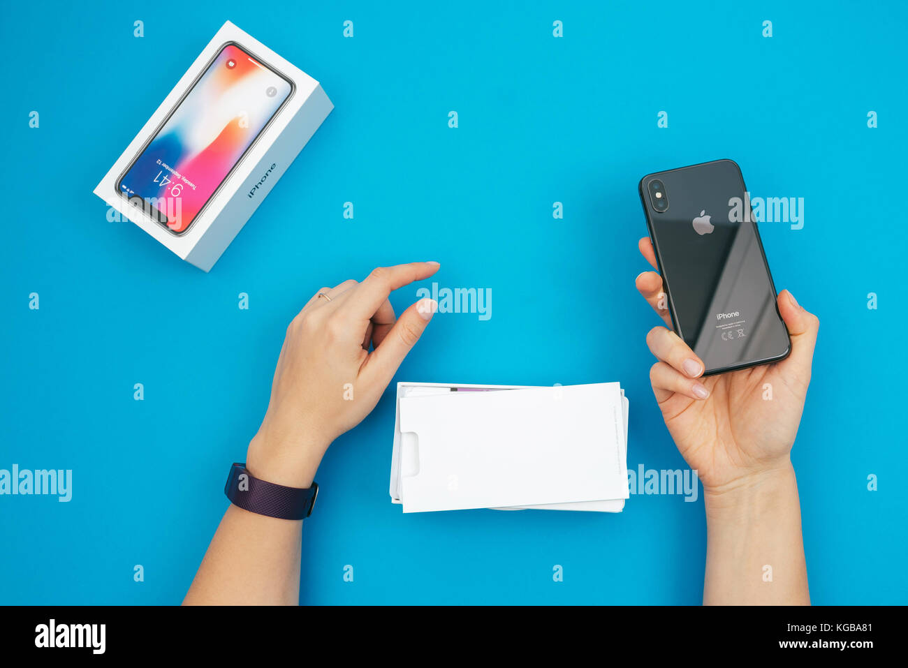 KAUNAS, LITHUANIA - NOVEMBER 05, 2017: Unboxing a new Apple Iphone X ...