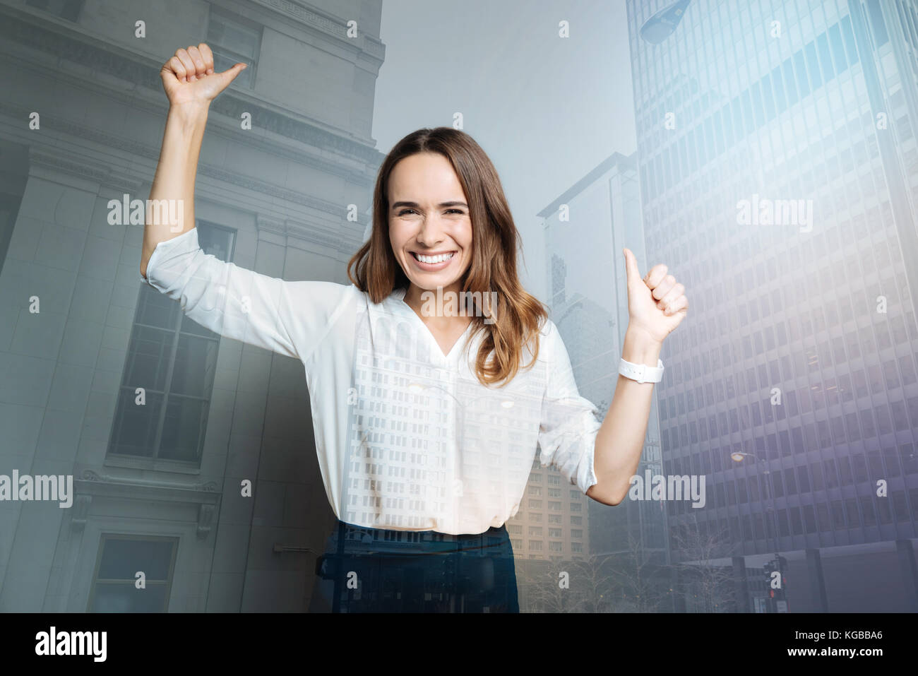 Happy delighted woman showing OK gestures Stock Photo - Alamy