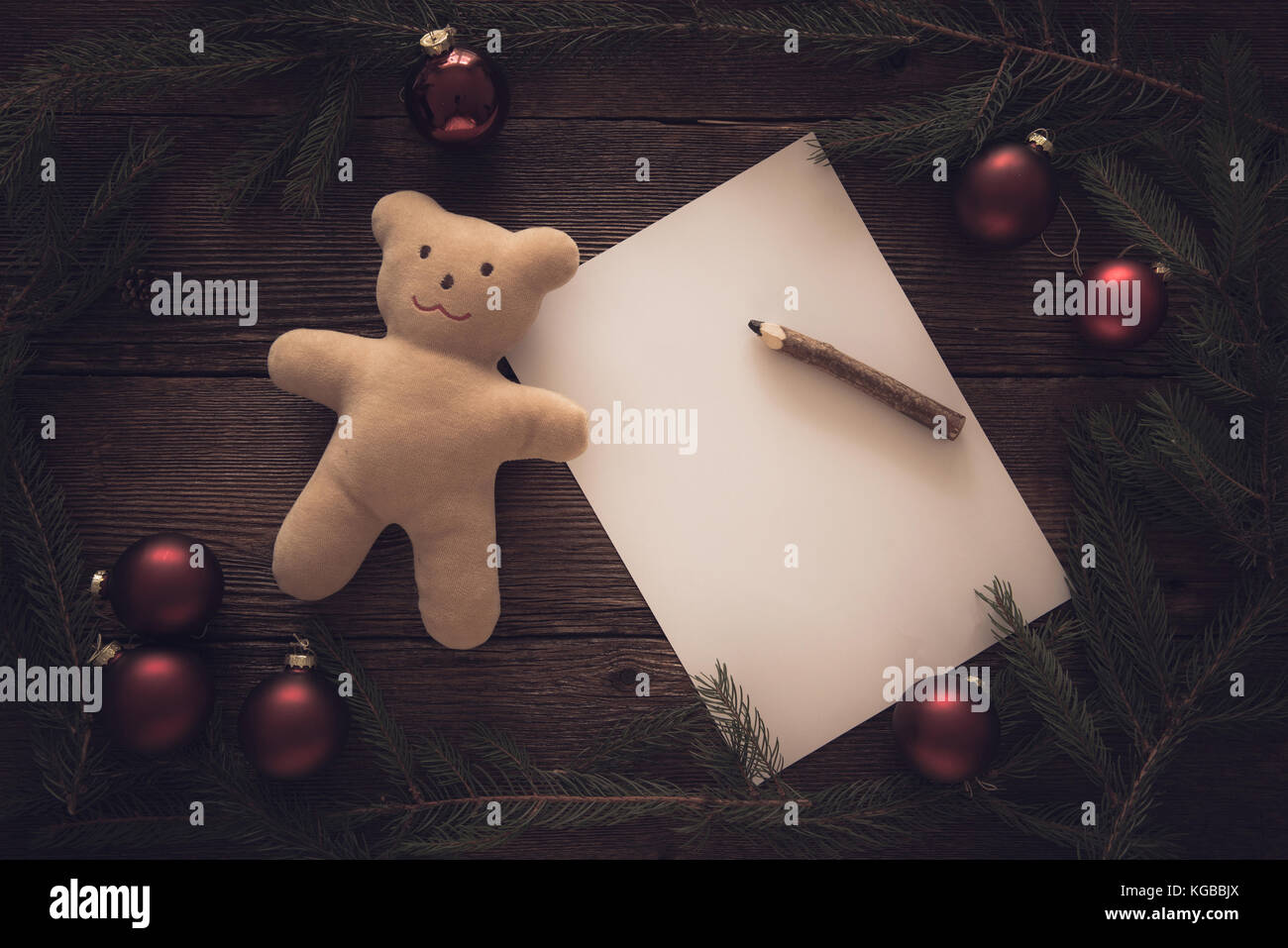 Christmas background. Ornaments, teddy bear and sticky notes Stock ...