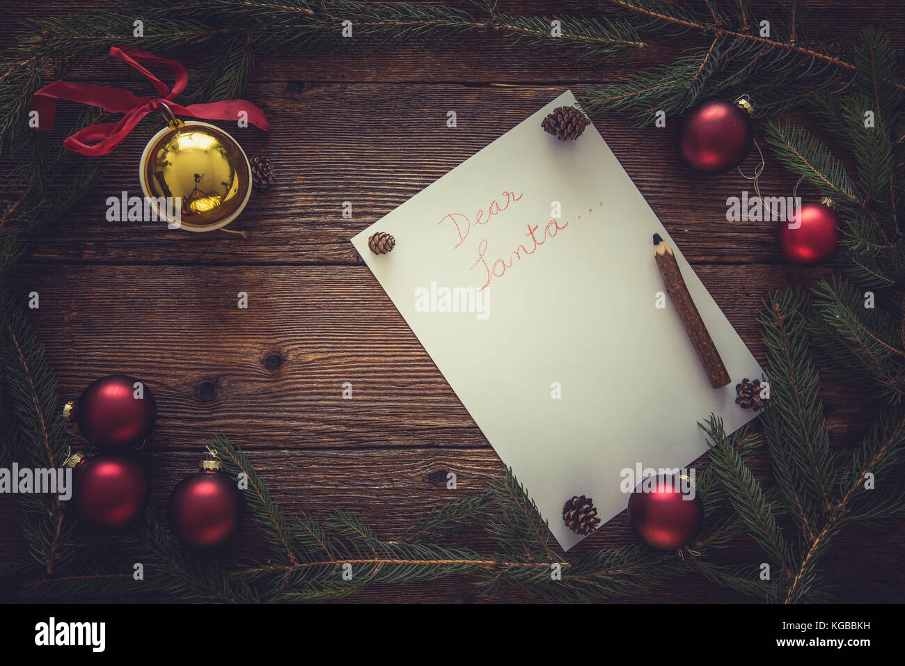 Christmas wooden background with letter to Santa. Greeting letter with ...