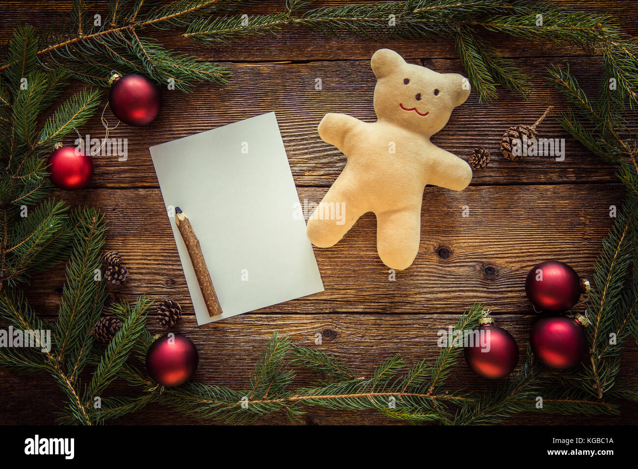 Christmas background. Ornaments, teddy bear and sticky notes Stock ...